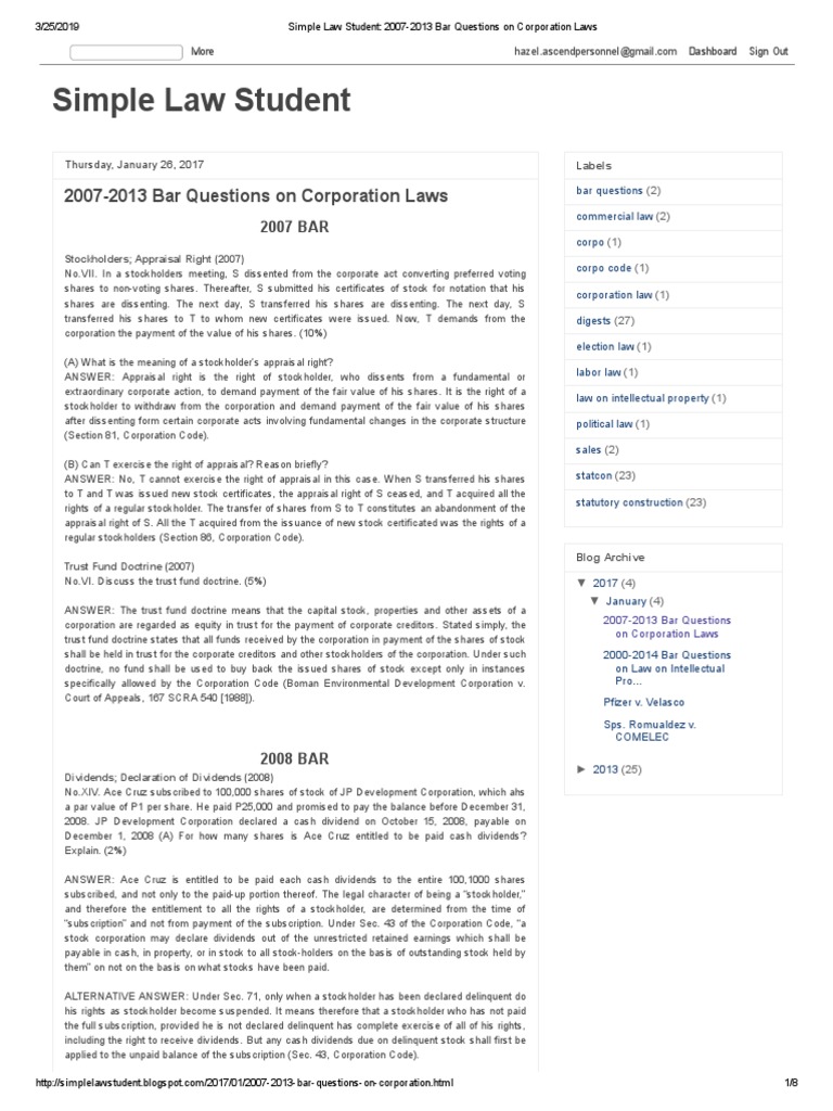 2007-2013 Bar Questions On Corporation Laws | PDF | Stocks | Board Of ...