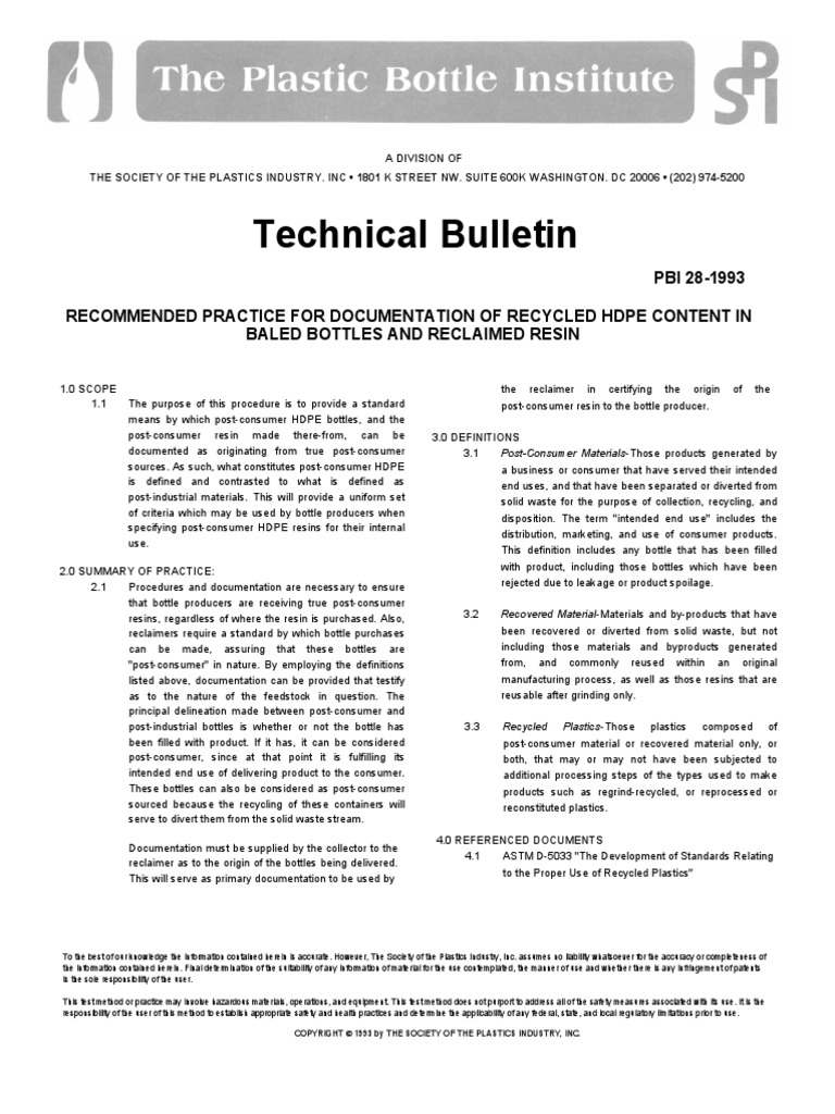 Pbi-28 Recommended Practice For Documentation of Recycled HDPE PDF ...