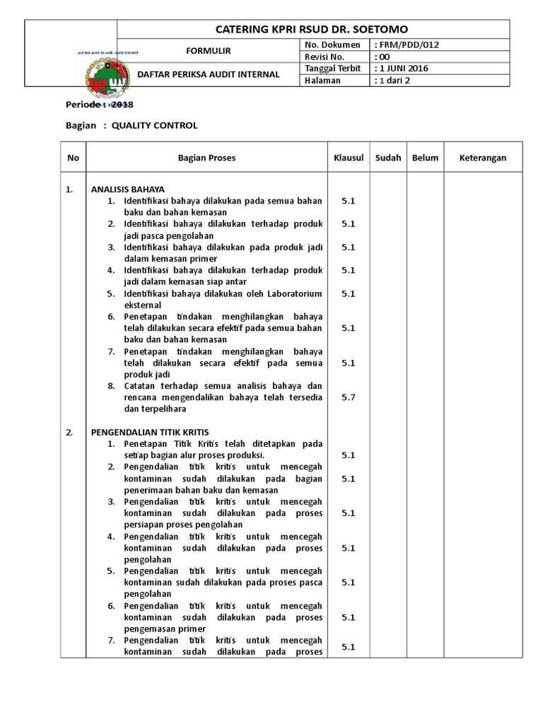 Daftar Periksa Audit Internal QC | PDF