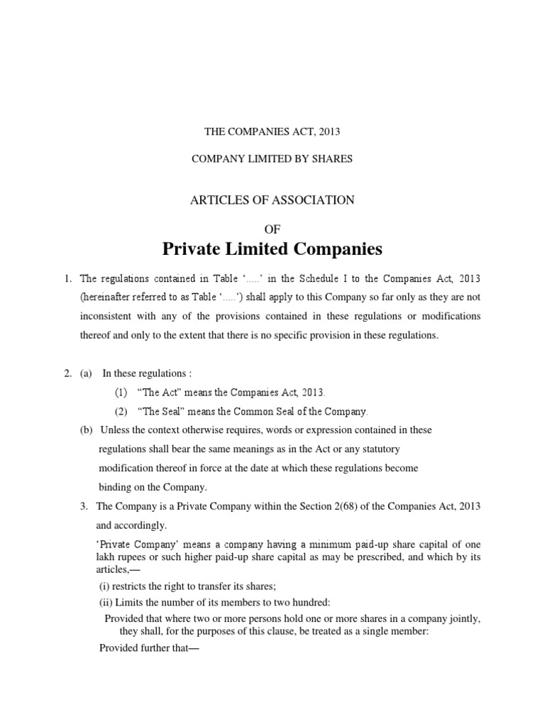 Articles of Association AOA For Pvt. Ltd. Companies | PDF | Board Of ...