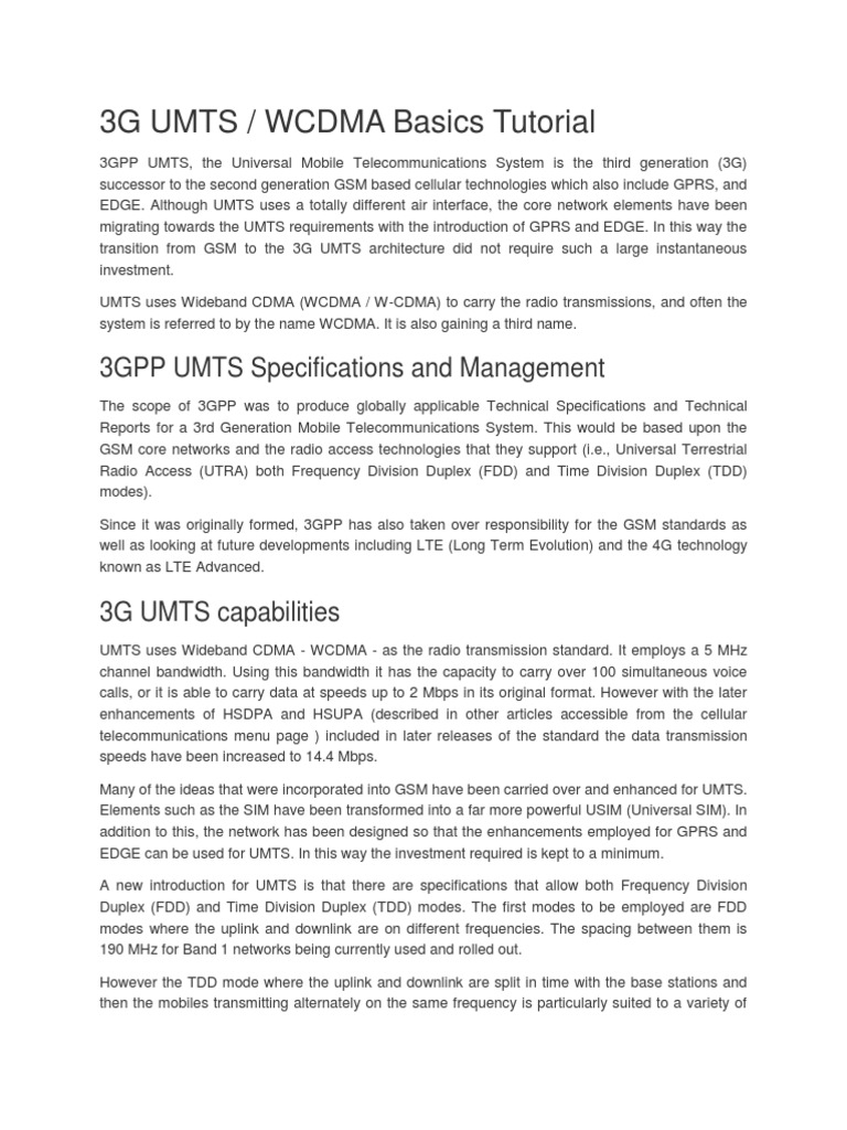 3G UMTS / WCDMA Basics Tutorial: 3GPP UMTS Specifications and Management | PDF | Duplex ...