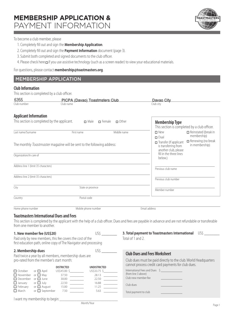 Toastmaster Membership Form PDF | PDF | Money Order | Payments