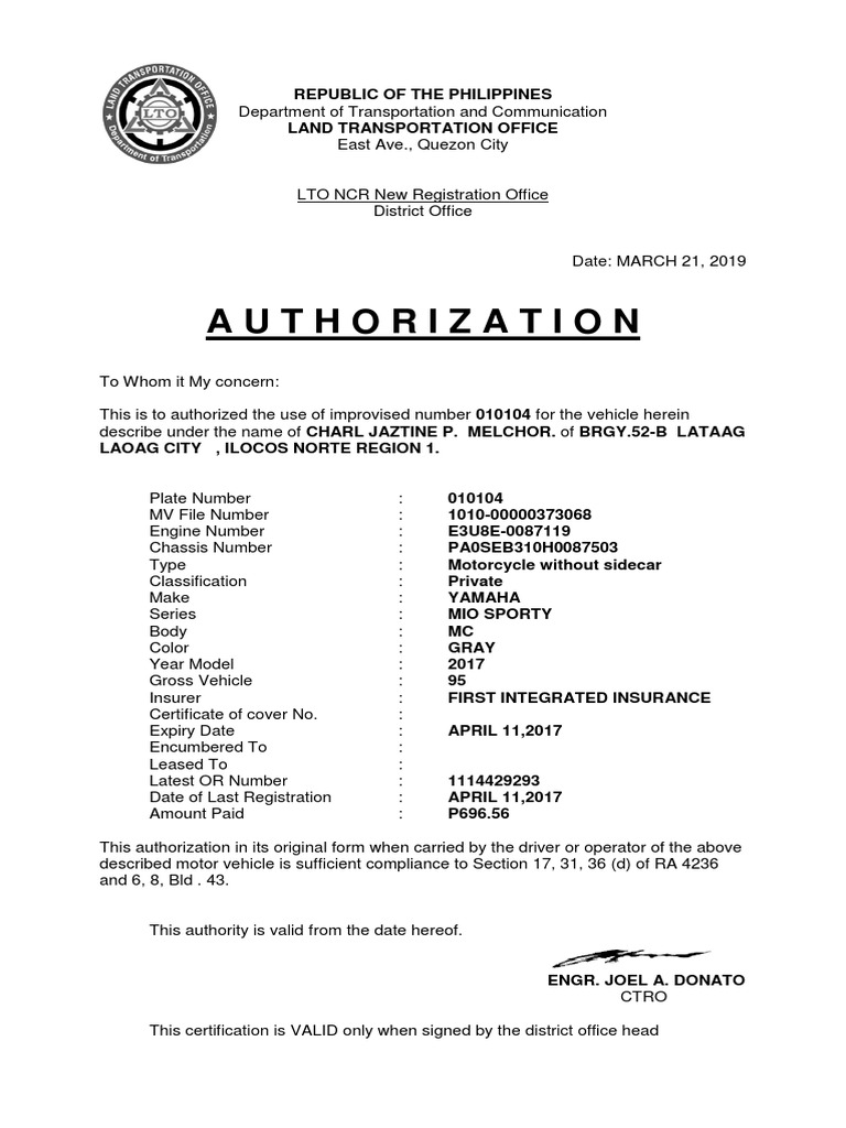 Authorization for Improvised Plate Use | PDF