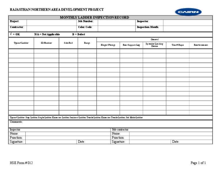Rajasthan Northern Area Development Project Monthly Ladder Inspection ...