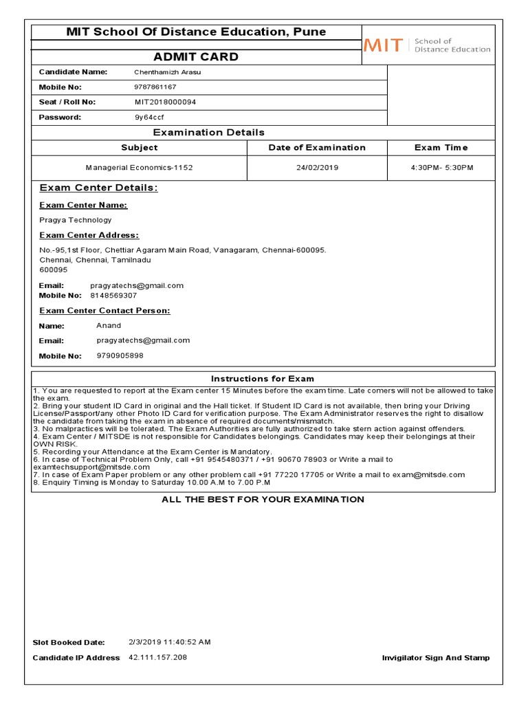 MIT School of Distance Education, Pune Admit Card: Examination Details ...