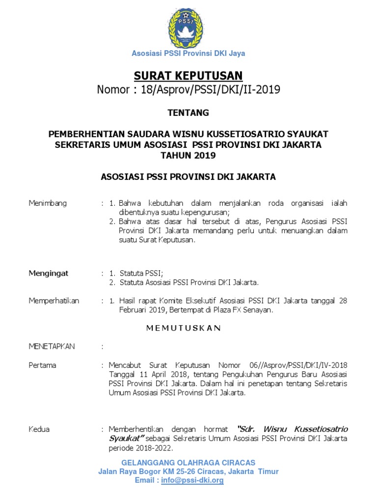 Draft SK 18-Pemberhentian Sekretaris Umum Asprov Pssi Dki Jakarta PDF | PDF