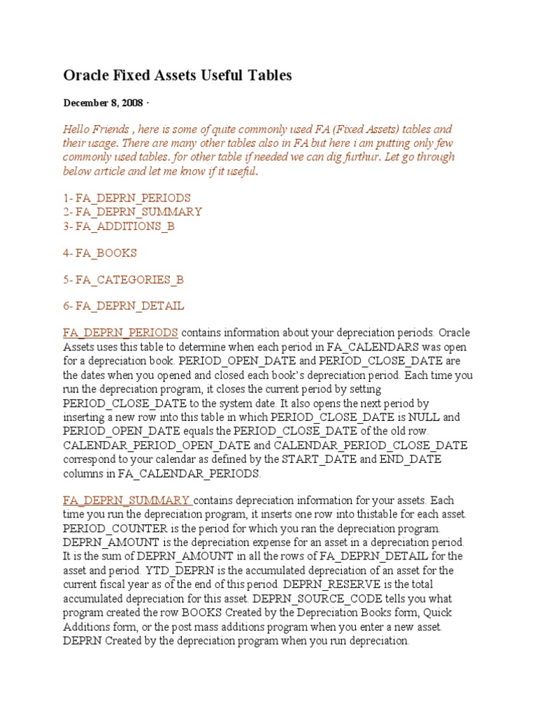 Oracle Fixed Assets Useful Pdf Depreciation Debits And Credits