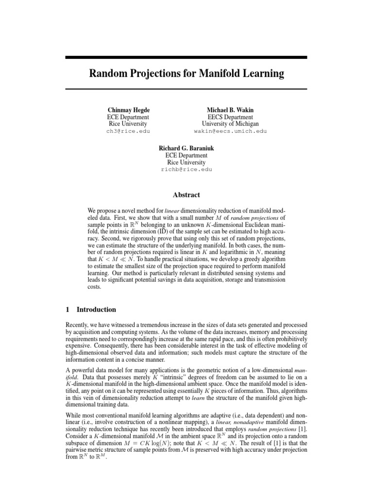 Estimating Intrinsic Dimension and Performing Manifold Learning Using Random Projections | PDF ...