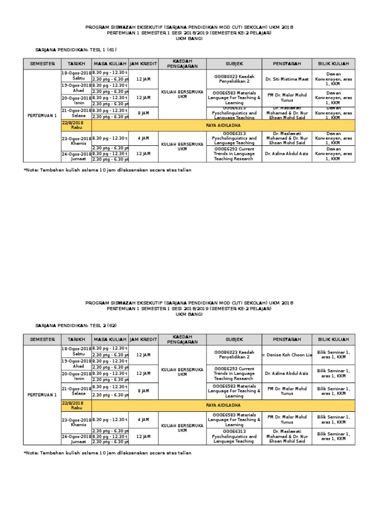 Jadual Sem 2.pertemuan 1 | PDF