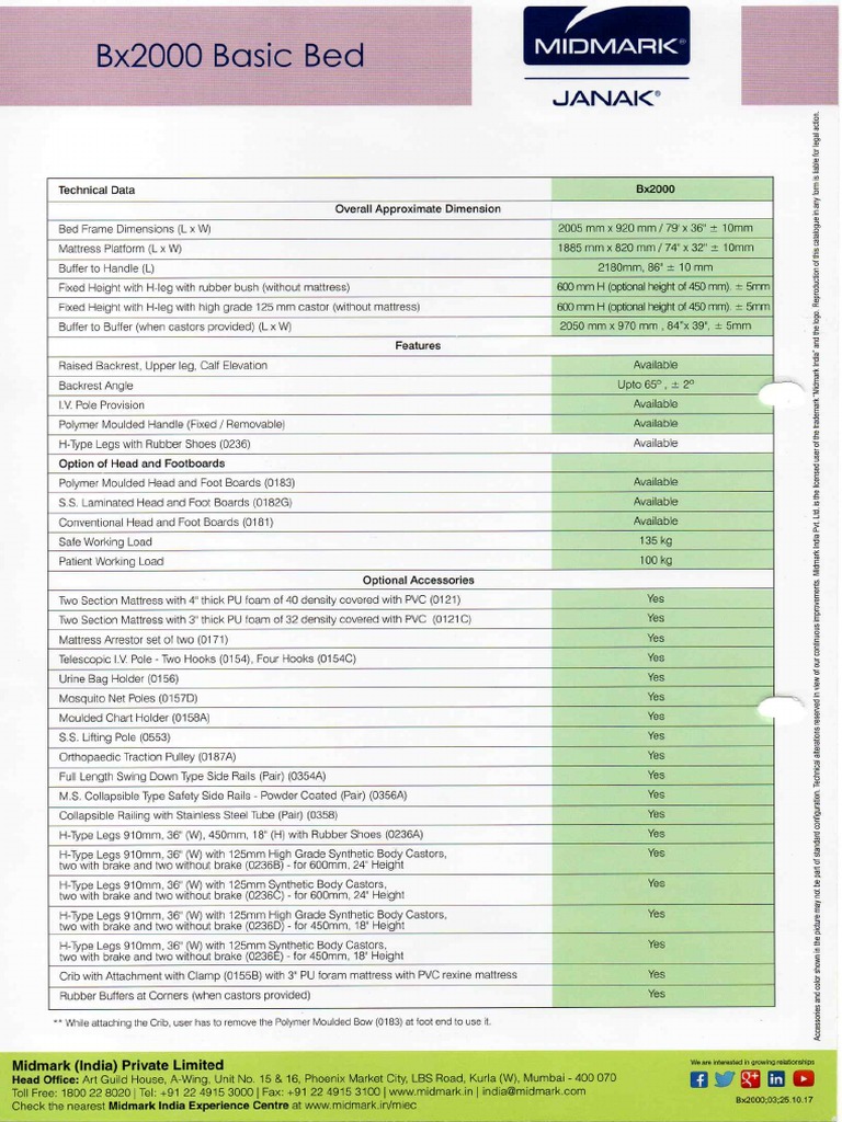 Midmark New Catalogue BX2000 Basic Bed Tech Specification PDF | PDF