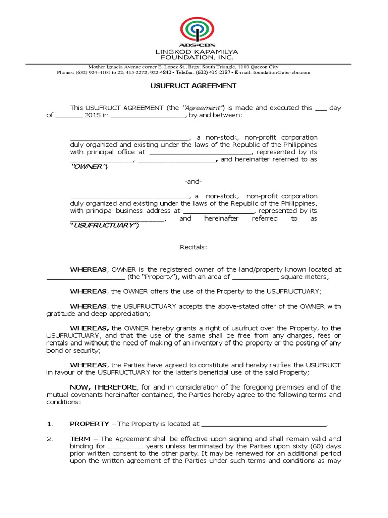 Usufruct Template | Ownership | Civil Law (Legal System)