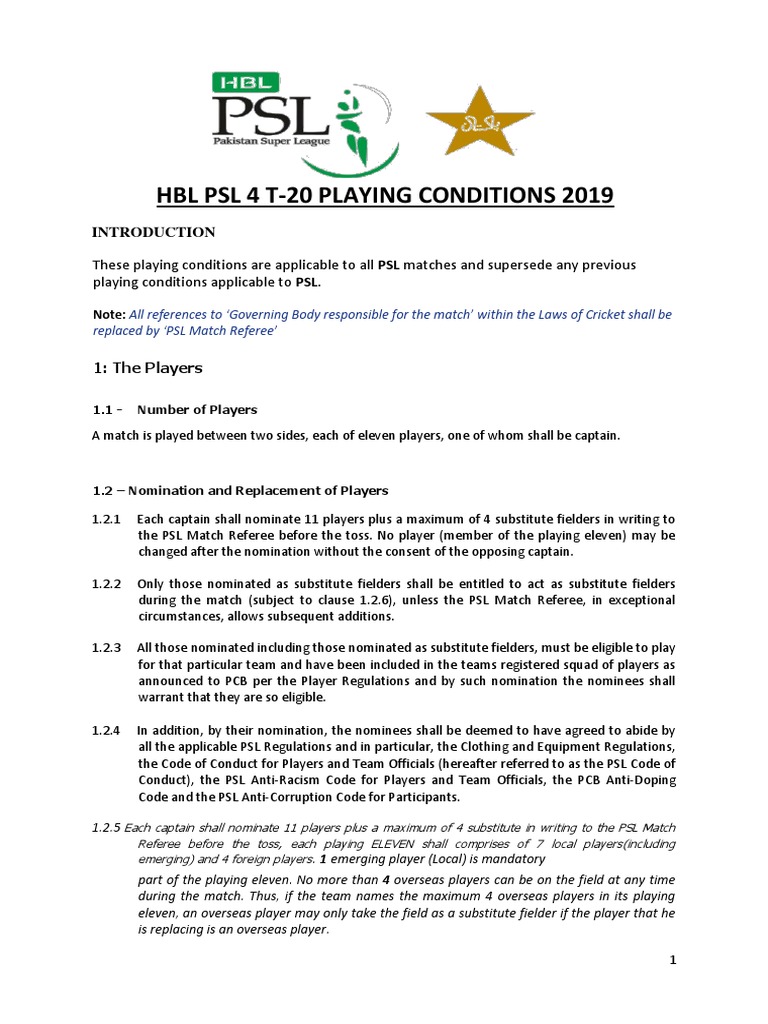 PSL Playing Conditions PDF | PDF | Referee | Bowling (Cricket)