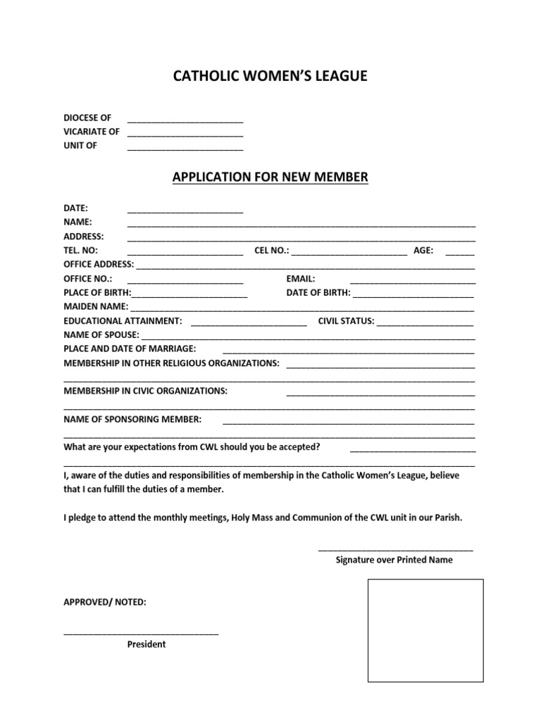 CWL Membership Form | PDF | Parish | Marriage