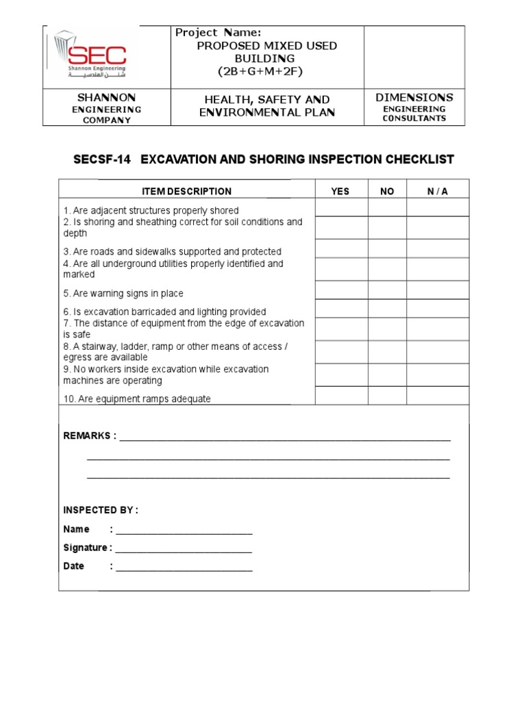 Ensuring Excavation Safety: An Inspection Checklist for a Proposed ...