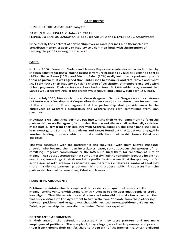 Case Digest | PDF | Partnership | Loans