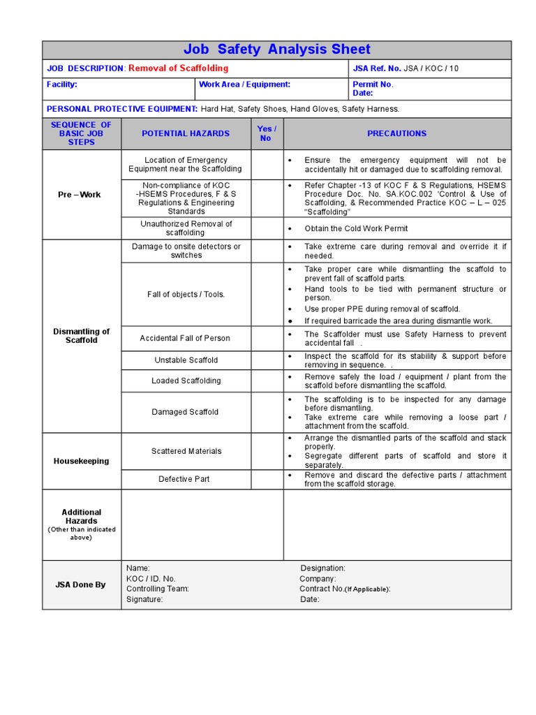 Job Safety Analysis Sheet: Removal of Scaffolding | PDF | Scaffolding ...