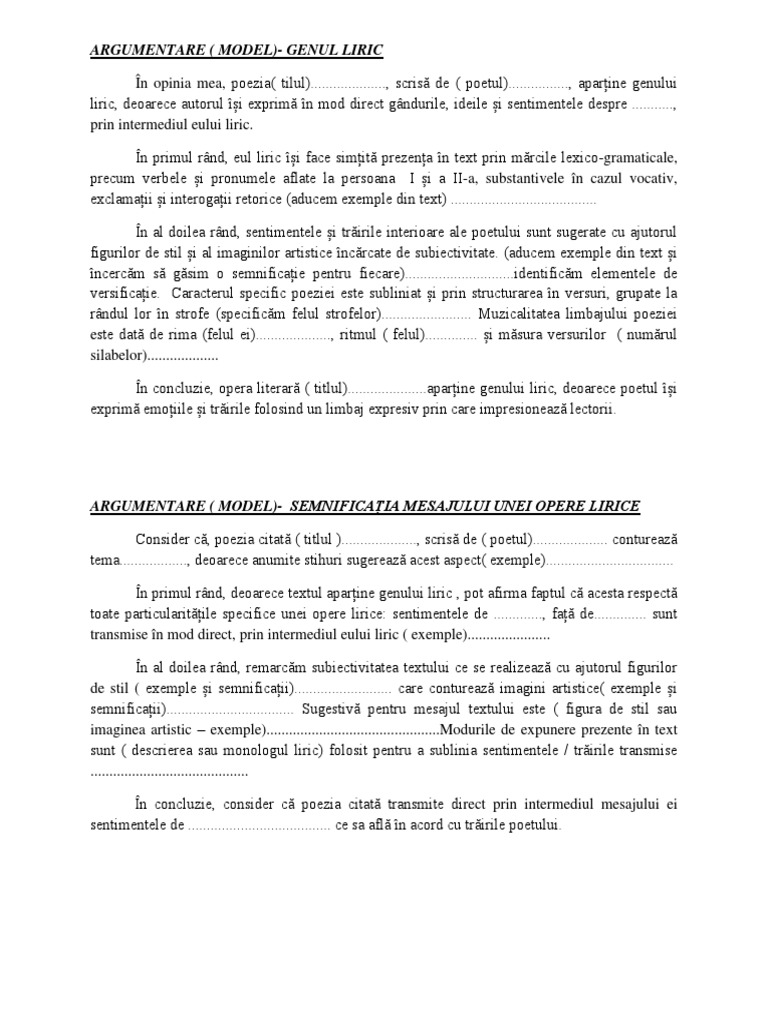 Model de Argumentare - Gen Liric | PDF