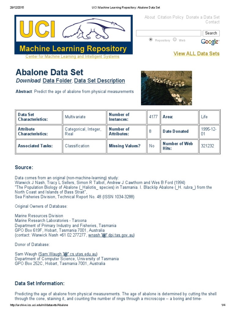 UCI Machine Learning Repository - Abalone Data Set | PDF | Machine Learning | Artificial ...
