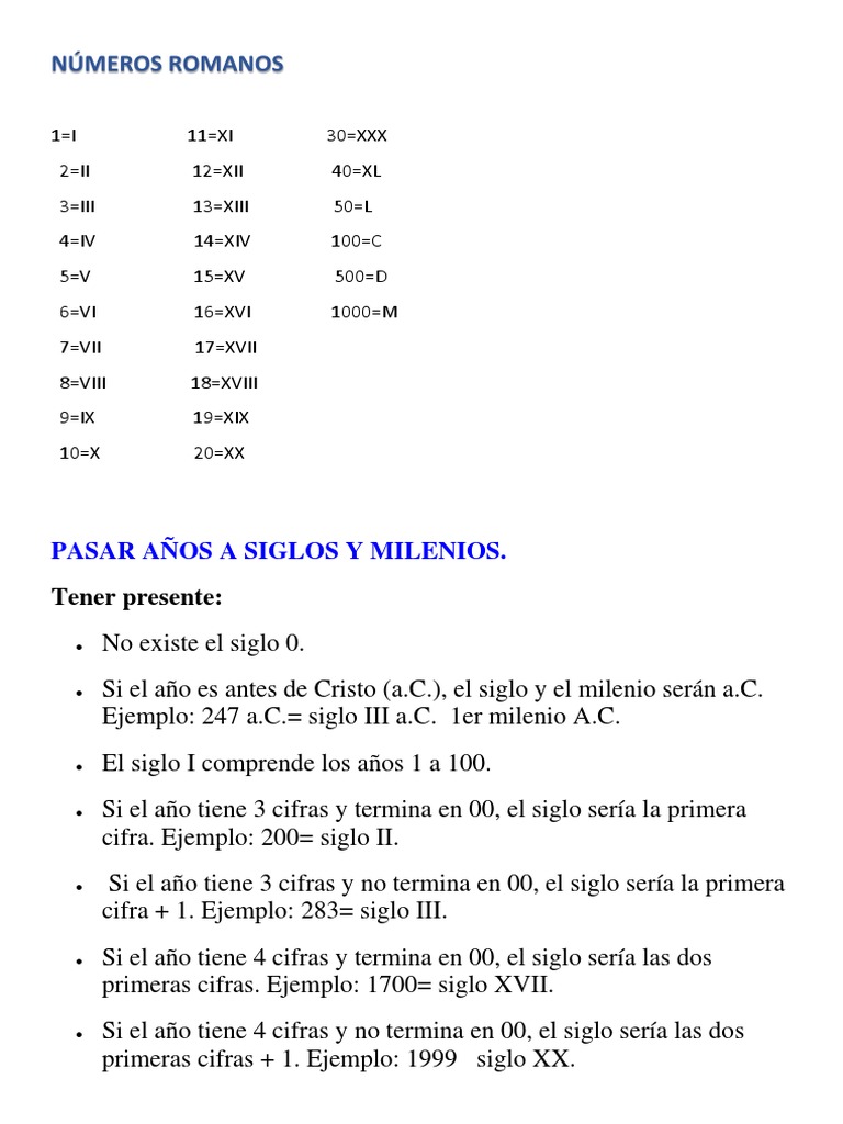 Números Romanos Siglos Milenio | PDF