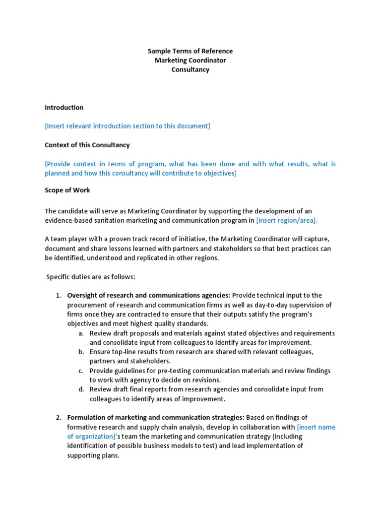 Sample Terms of Reference Marketing Coordinator Consultancy | PDF ...