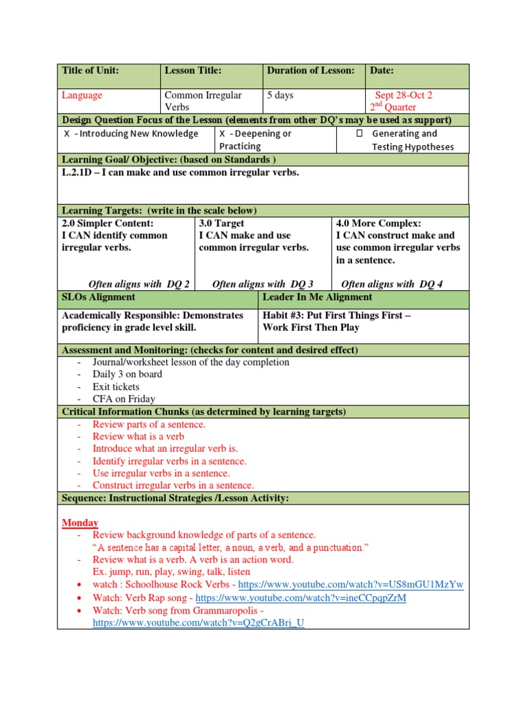 Common Irregular Verbs Lesson Plan | PDF | Sentence (Linguistics) | Verb