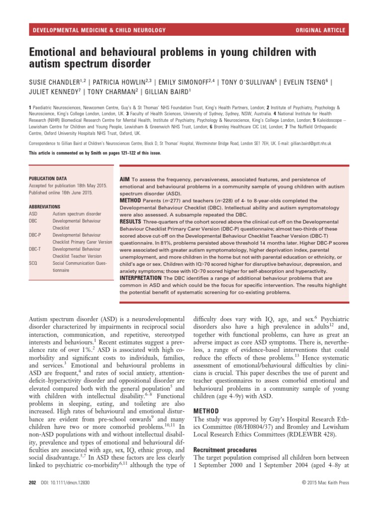 Emotional and Behavioural Problems in Young Children With Autism ...