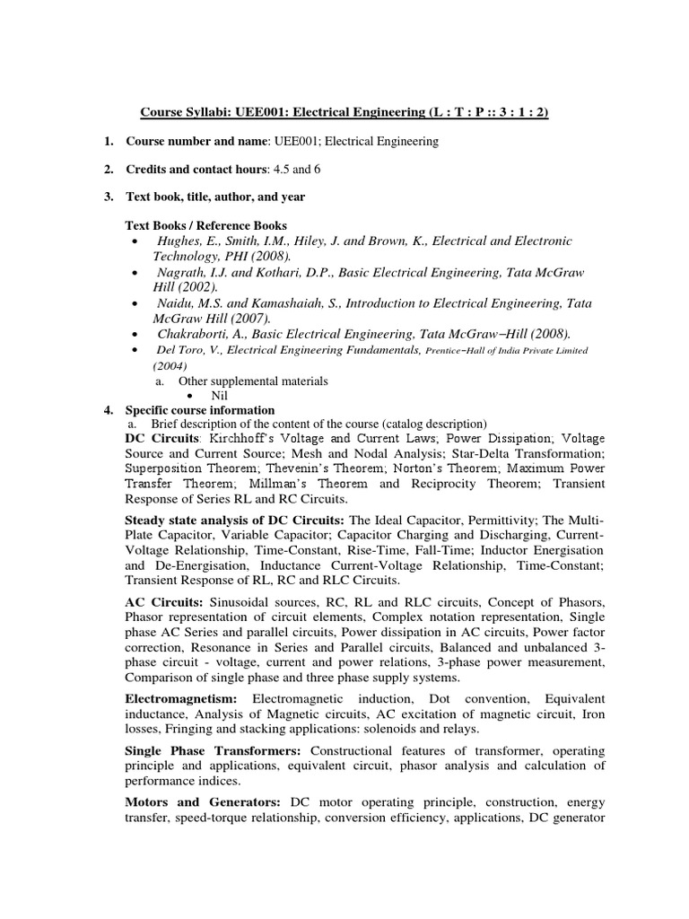 UEE001 Syllabus | PDF | Transformer | Electrical Network