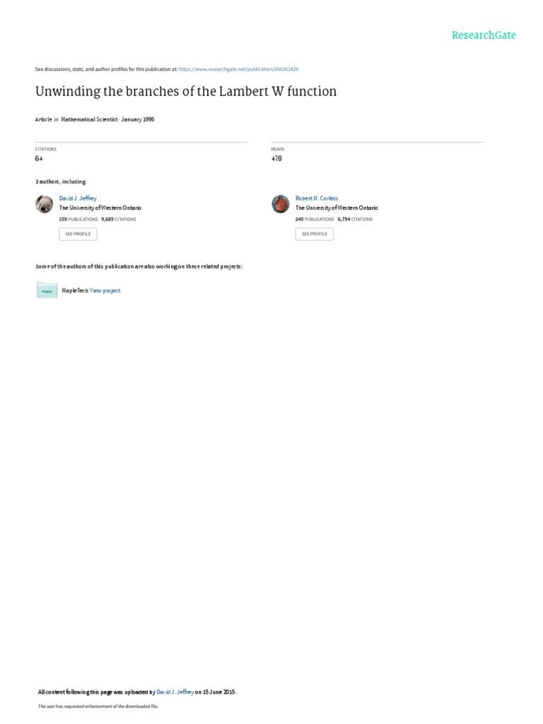 Lambert W Function Pdf Complex Number Exponential Function