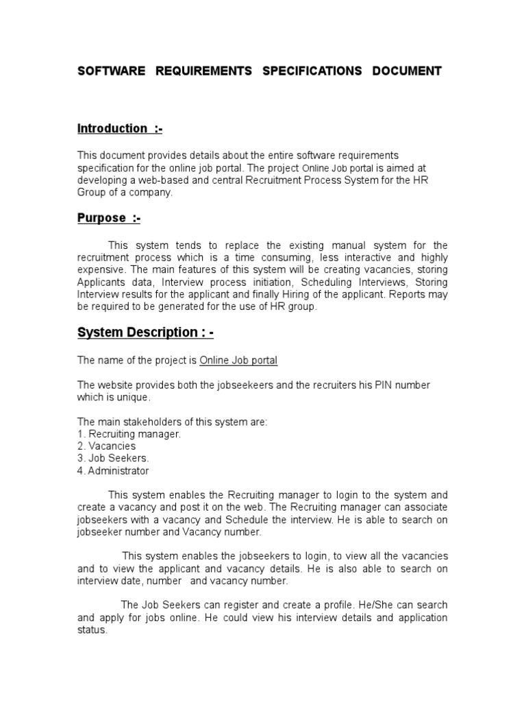 Software Requirements Specifications Document: System Description | PDF | Recruitment ...