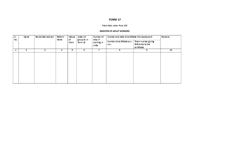 Form 17: Register of Adult Workers | PDF