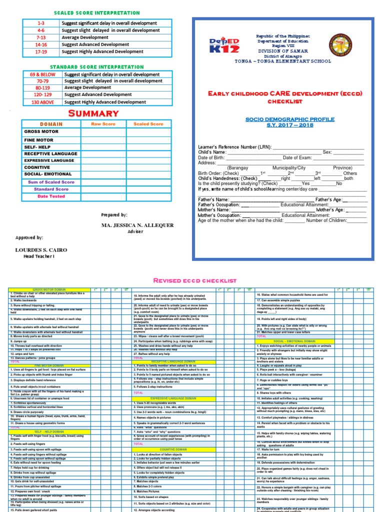 ECCD Checklist Interpretation | PDF | Cognitive Science | Linguistics