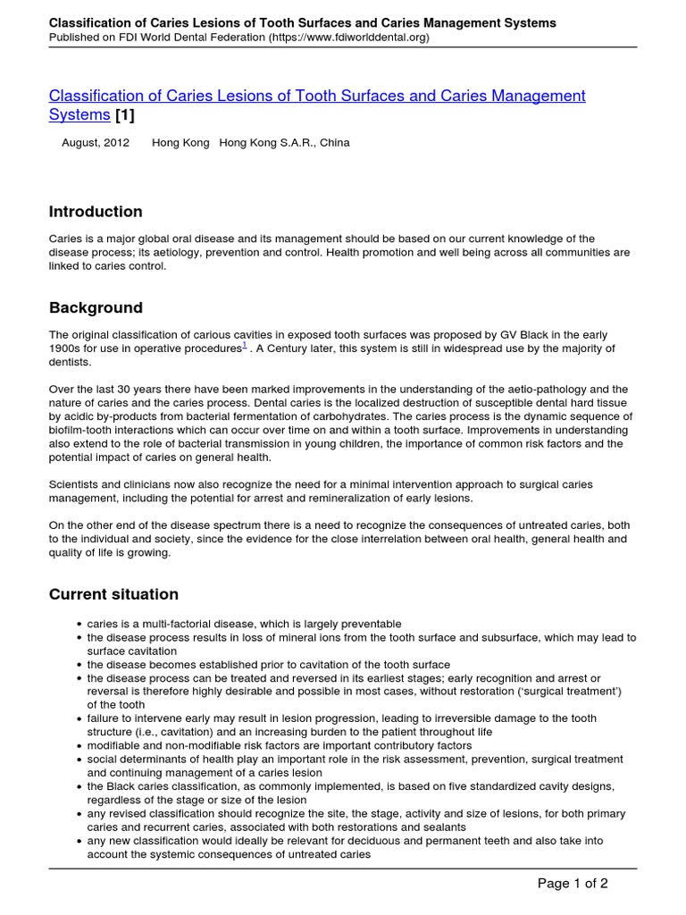 Fdi World Dental Federation - Classification of Caries Lesions of Tooth ...