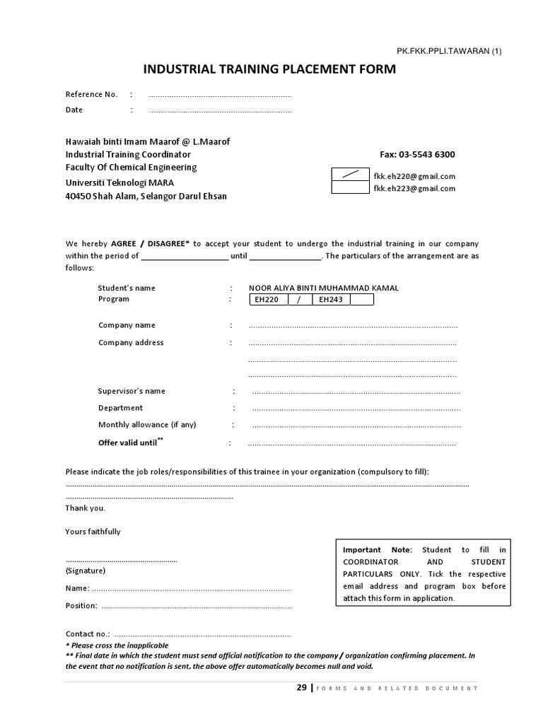 Industrial Training Placement Form | PDF | Email | Cyberspace