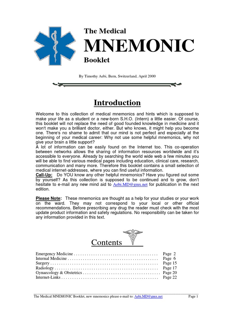 The Medical Mnemonics Booklet PDF | PDF | Pneumonia | White Blood Cell