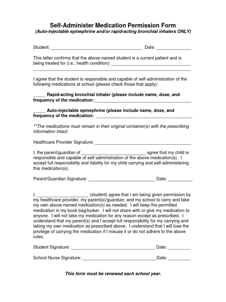 Self-Administer Medication Permission Form: (Auto-Injectable ...