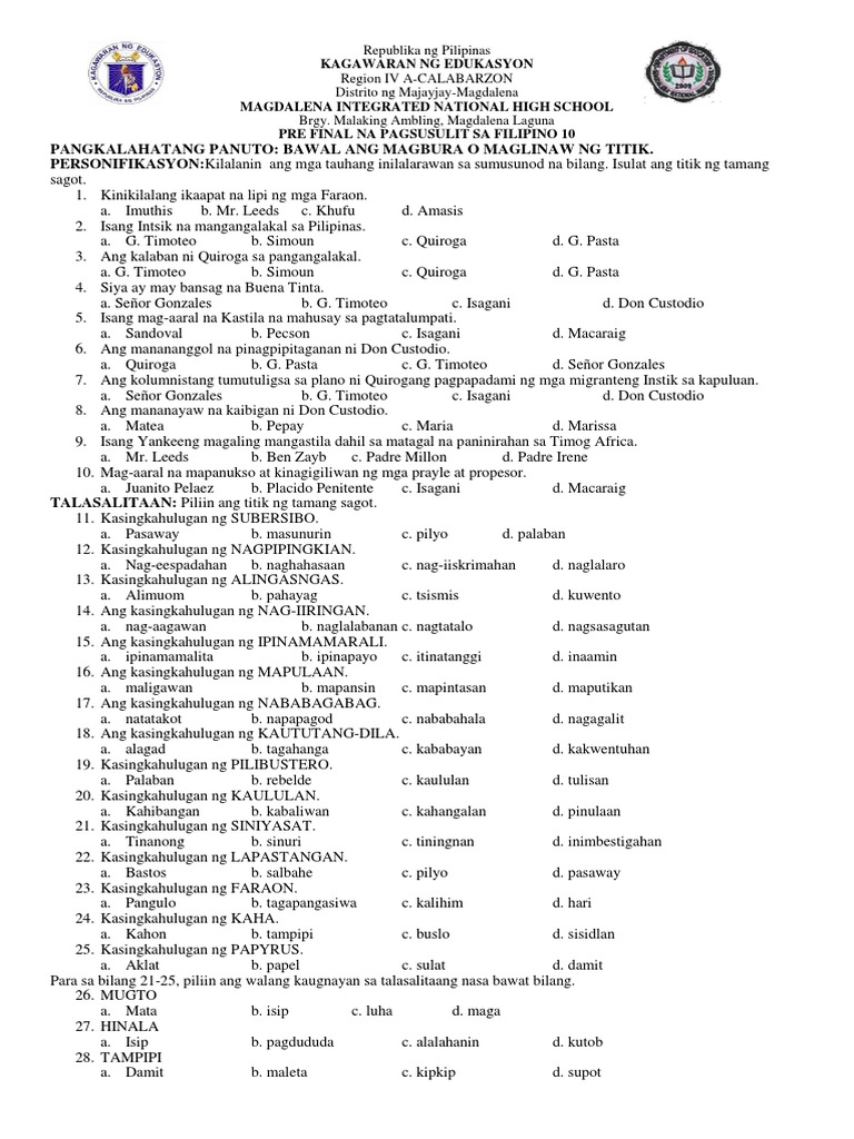 Pre Final PAGSUSULIT SA FILIPINO 10-EL FILI 1-20 | PDF