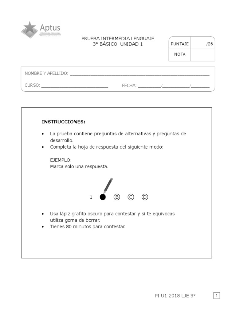 Prueba Aptus Lenguaje 3° Año - Unidad 1 - Intermedia | PDF | Naturaleza
