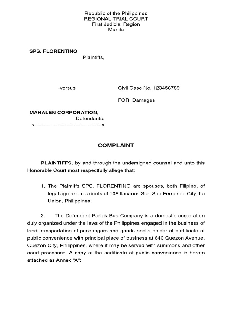 Sps. Florentino: Complaint | PDF | Complaint | Lawsuit