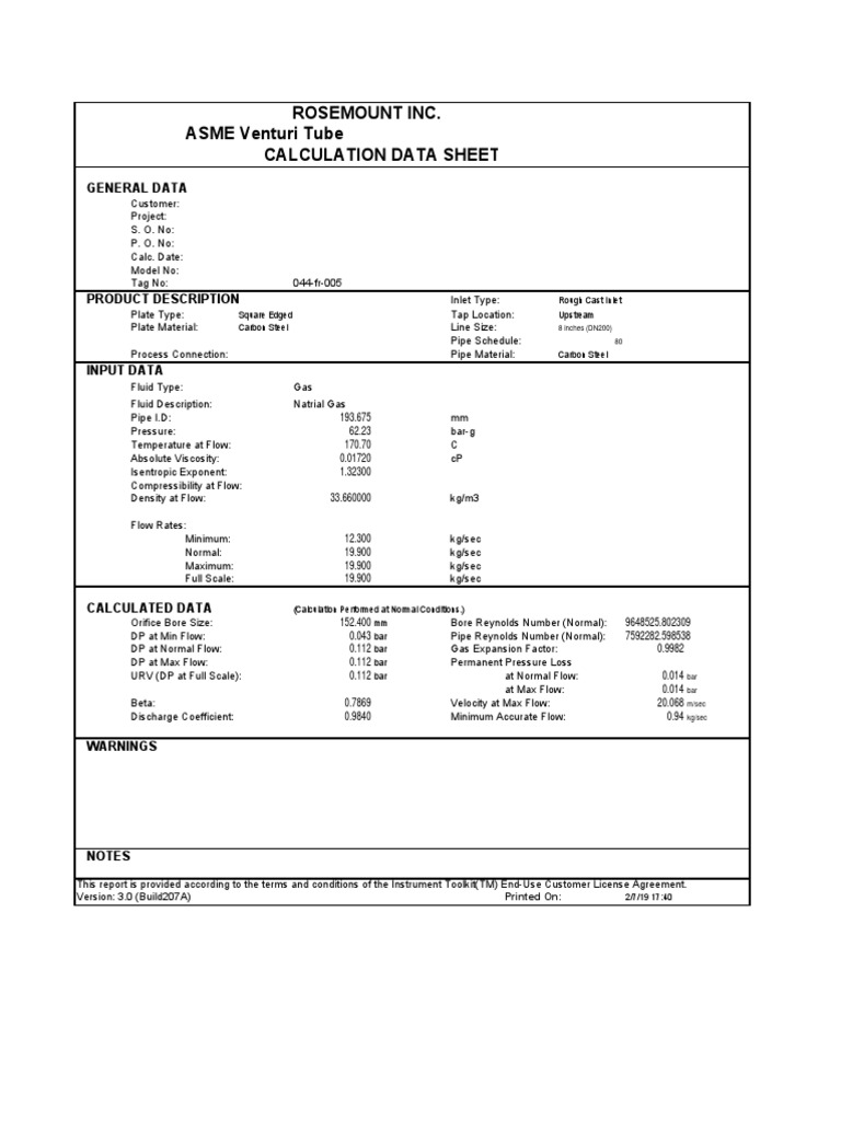 Rosemount Inc. ASME Venturi Tube Calculation Data Sheet | PDF | Fluid ...