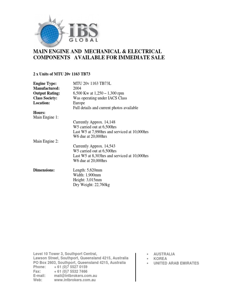 MTU 1163 Engines, Gbox, Jets and Associated Components For Sale | PDF ...