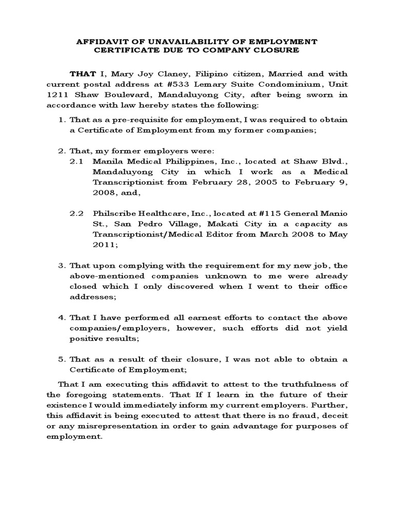 Affidavit-Of-Unavailability-Of-Employment-Records 2 | PDF | Affidavit ...