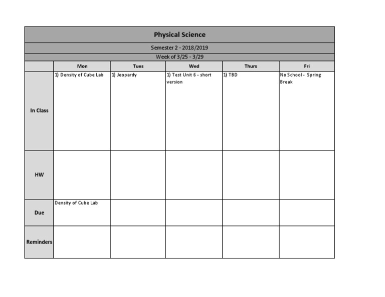 Physical Science: Semester 2 - 2018/2019 Week of 3/25 - 3/29 | PDF