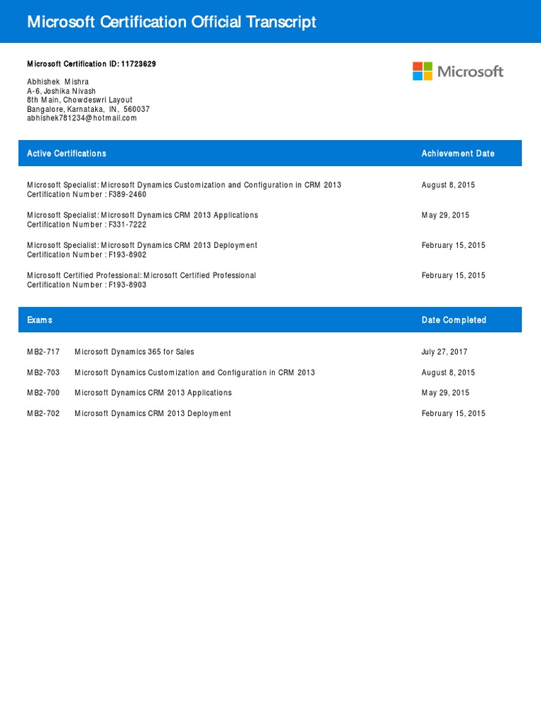 Microsoft Certified Professional Transcript | PDF | Microsoft Certified ...