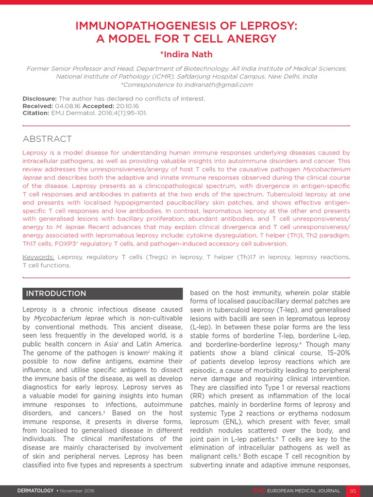 Immunopathogenesis of Leprosy: A Model For T Cell Anergy: Indira Nath ...