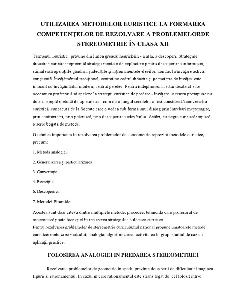Utilizarea Metodelor Euristice La Formarea Competențelor de Rezolvare A ...