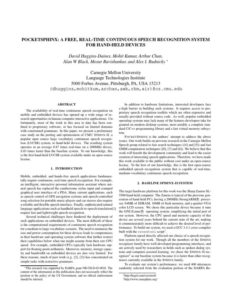 Pocketsphinx: A Free, Real-Time Continuous Speech Recognition System For Hand-Held Devices | PDF ...