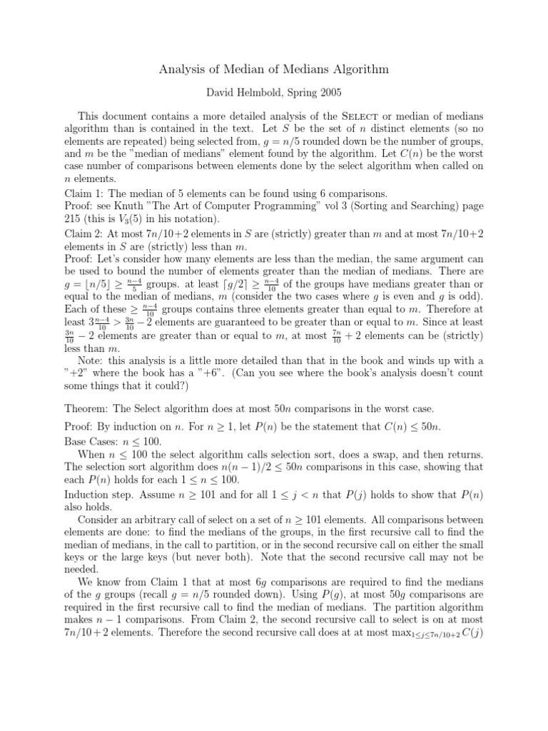 Analysis of Median of Medians Algorithm | Download Free PDF | Algorithms And Data Structures ...