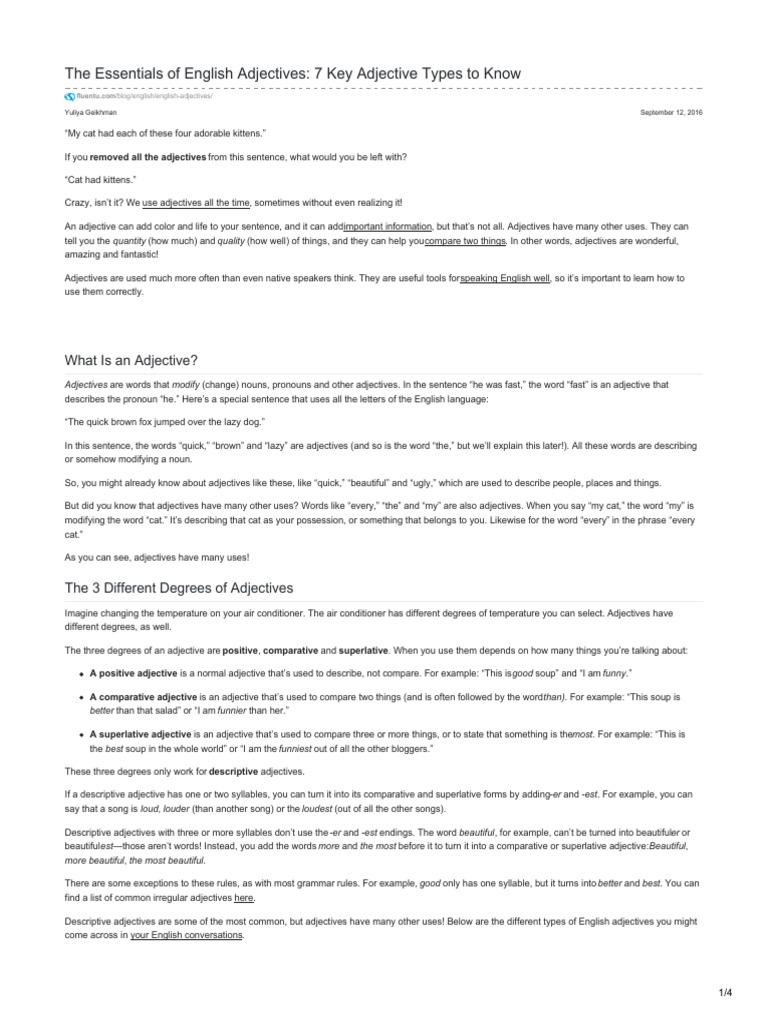 7 Essential Adjective Types Explained | PDF | Adjective | Grammatical ...