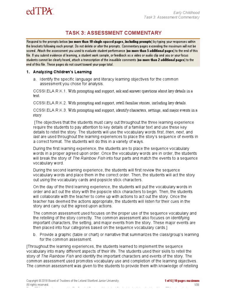 Task 3: Assessment Commentary: 1. Analyzing Children's Learning | PDF ...
