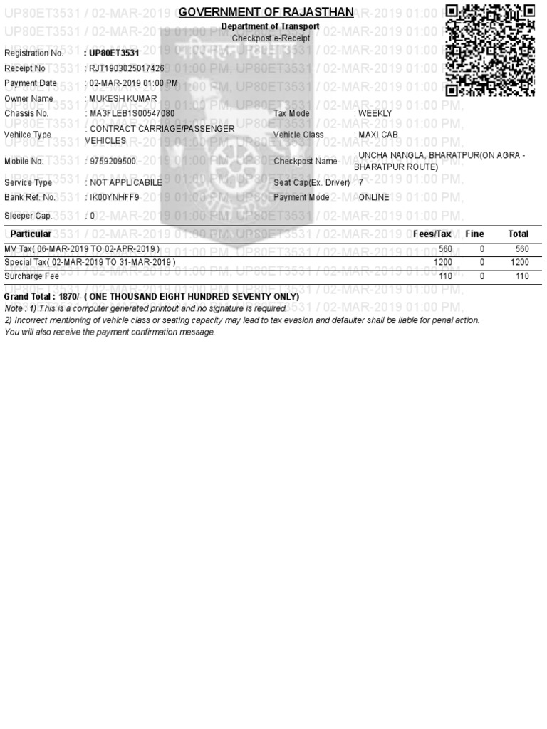 UP80ET3531: Checkpost E-Receipt | PDF | Payments | Services (Economics)